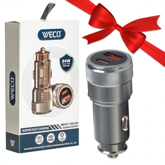 فروش عمده بسته 1+10 شارژر فندکی 84 وات دو پورت وکو (WECO) مدل WE-25 (یک عدد هدیه)