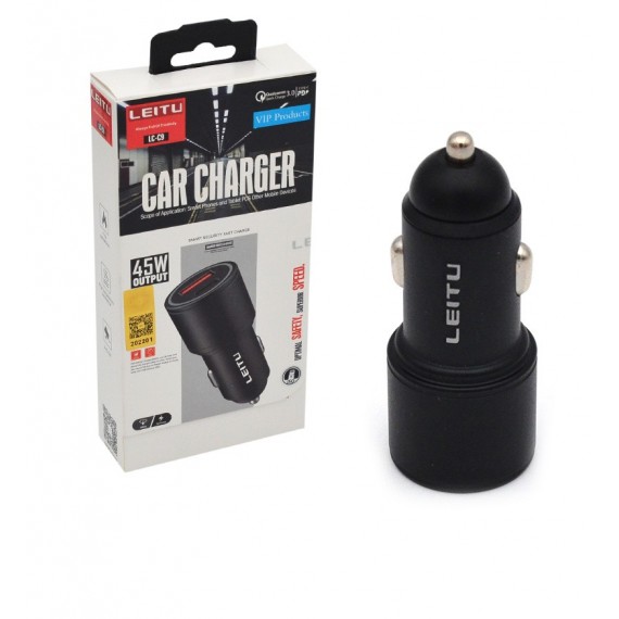 خرید عمده شارژر فندکی دو پورت + کابل لایتنینگ لیتو (LEITU) مدل LC-C9