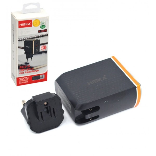 خرید عمده فست شارژر 2 پورت + کابل تایپ سی هیسکا (HISKA) مدل H-114PD