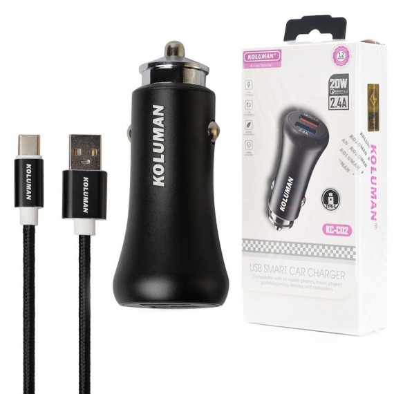 فروش عمده شارژر فندکی 20 وات دو پورت + کابل تایپ سی کلومن (KOLUMAN) مدل KC-C02