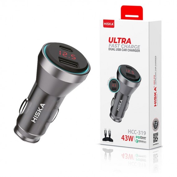 پخش عمده شارژر فندکی 43 وات دو پورت + کابل تایپ سی به تایپ سی هیسکا (HISKA) مدل HCC-319