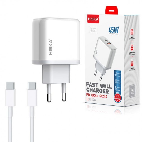 فروش عمده فست شارژر دیواری 2 پورت + کابل PD هیسکا (HISKA) مدل H-108
