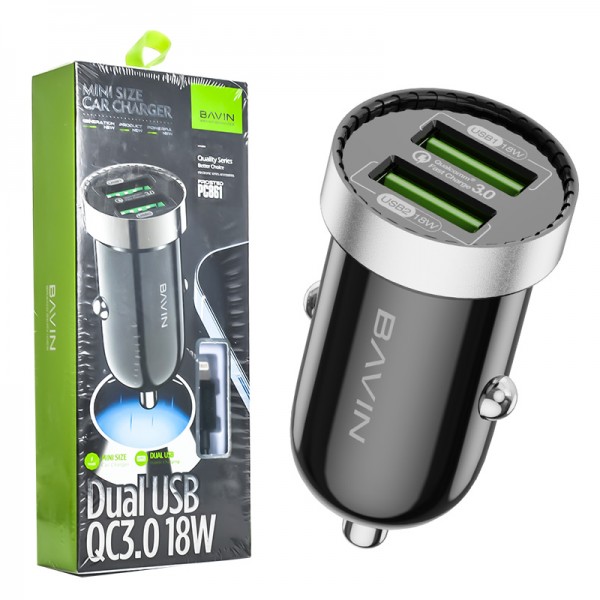 خرید عمده شارژر فندکی 18 وات دو پورت + کابل آیفون باوین (BAVIN) مدل PC861