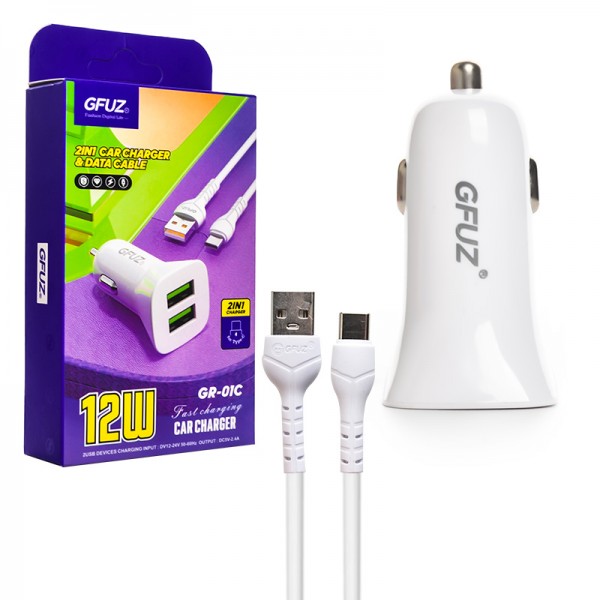خرید عمده شارژر فندکی 12 وات دو پورت + کابل تایپ سی جی فوز (GFUZ) مدل GR-01C