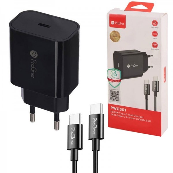 خرید عمده شارژر دیواری 25 وات + کابل (Type-C To Type-C) پرووان (ProOne) مدل PWC501