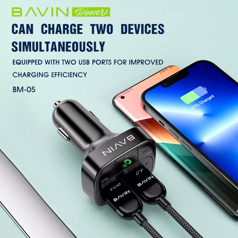 شارژر فندکی 18 وات دو پورت + FM پلیر بلوتوثی باوین (BAVIN) مدل BM-05